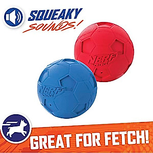 Nerf Dog Soccer Ball Dog Toy with Interactive Squeaker, Lightweight, Durable and Water Resistant, 2.5 Inches, For Small/Medium/Large Breeds, Two Pack, Blue and Red