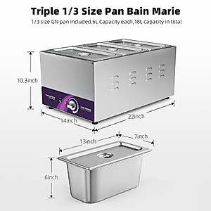 TOPKITCH 3-Pan 18L Commercial Food Warmer with Non-Leakage Stretch-Forming Water Tank &3 of 1/3 Size GN Pan,Countertop Soup Station Bain Marie Steam Table for Buffet,Catering,Parties and Restaurants