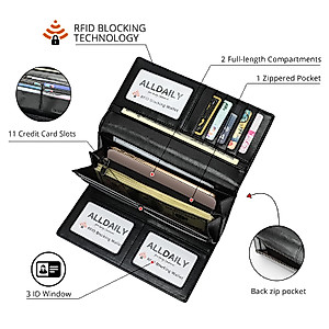 Alldaily RFID Blocking Large Capacity Leather Clutch Wallets Trifold Credit Card Holder for Women (Black)