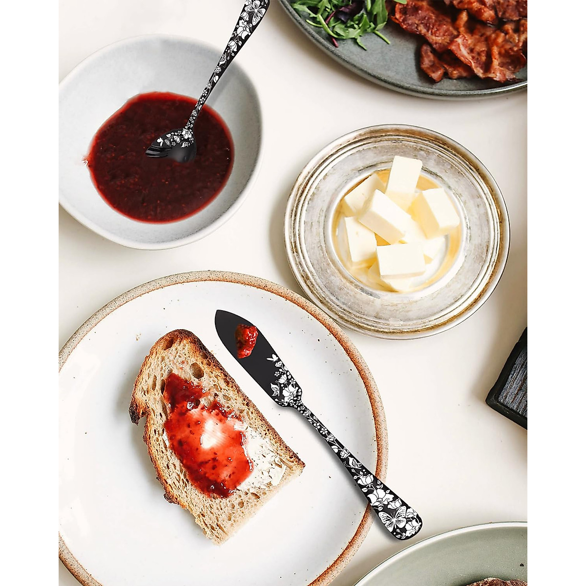 Stapava Serving Utensils Set Black, 5PCS Stainless Steel Flatware Serving Set with Large Serving Spoon Slotted Serving Spoon Serving Fork Sugar Spoon Butter Knife for Dinner Party, Dishwasher Safe