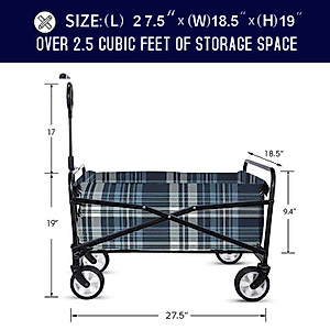 Collapsible Wagon Cart Plaid Texture in Blue and White Striped Seamless Check Plaid Graphic Foldable Utility Wagon Large Capacity Garden Cart with Push Bar for Beach Camp Outdoor Shopping