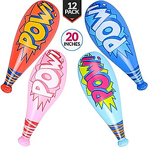 Pow Inflatable Baseball Bats - (Pack of 12) Oversized 20 Inch Inflatable Toy Bat, Carnival Prizes, Goodie Bag Favors or Superhero Birthday Party Prizes for Kids by Bedwina