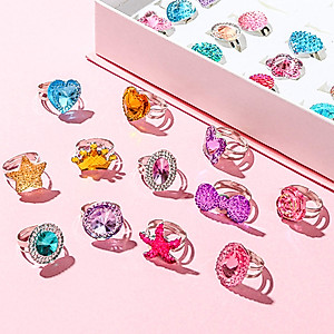 WATINC 24Pcs Adjustable Princess Pretend Jewelry Rings, Girl’s Jewelry Dress Up Play Toys, Rhinestone Gift Set in Box for Little Girls, No Duplication Diamond Ring for Children, Party Favors for Kids