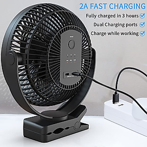 zoolb 5000mAh Rechargeable USB Fan, 8-Inch Battery Operated Clip on Fan for Golf Car & Stroller, 4 Speeds Personal Fan, Strong Airflow, Portable Fan for Office Desk Outdoor Travel Camping Tent Gym