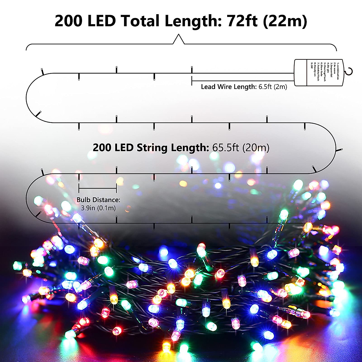 Flacchi Multi-Color Christmas Lights, 66 ft 200 LED Battery Operated String Lights Waterproof 8 Modes & Auto Timer Mini Lights for Xmas Decorations, Home, Party, Holiday Decor Outdoor Indoor