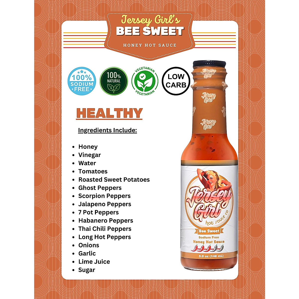 Jersey Girl (Bee Sweet Honey Hot Sauce) Trinidad Scorpion & Ghost Pepper - No Sodium/Salt Free
