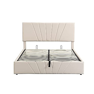KELRIA Queen Size Upholstered Platform Bed with a Hydraulic Storage System, for Bedroom, Guest Room, Children Room, Wooden Construction, Easy to Assemble, Beige