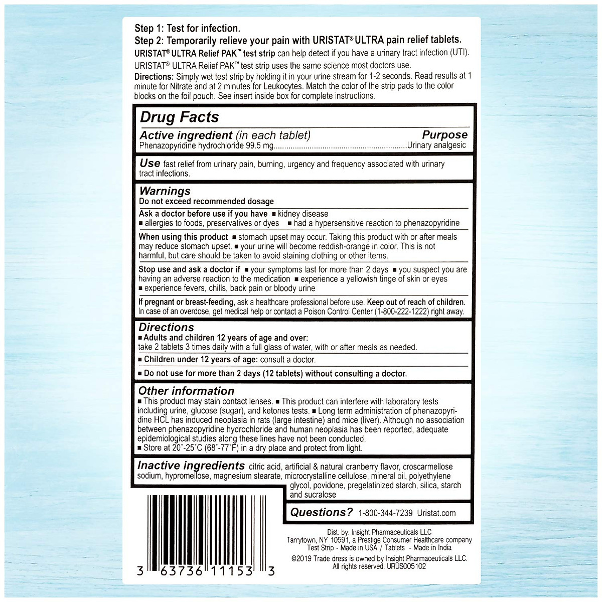 URISTAT Ultra UTI Relief Pak, UTI Treatment for Women and Men, 1 UTI Test Strip and 12 UTI Treatment Tablets, 1 Box