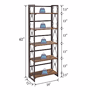 VECELO 5 Tier Folding Bookshelf, 2-Step Assembly Foldable Bookcase, Collapsible Book Shelves with Metal Lace X Frame and Anti-Toppling Design,Antique Brown,1 Set