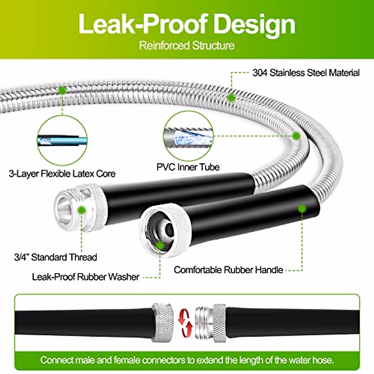 FUDESY 50FT Garden Hose - 304 Stainless Steel Metal Water Hose, Flexible Lightweight Heavy Duty Durable Hose, Adjustable Nozzle with Six Spray Modes for Outdoor Yard, No Kink and Tangle, Easy to Store