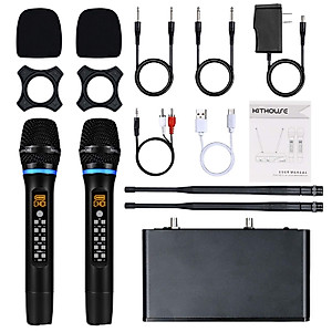 KITHOUSE J10 Wireless Microphone Karaoke System Rechargeable, UHF Metal Cordless Microphone Handheld with Volume Echo Treble BASS Control and Receiver Box for Singing Karaoke Speech Meeting