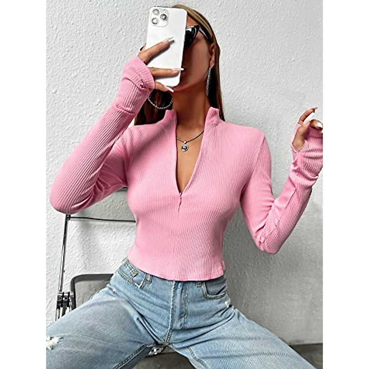 SOLY HUX Women's Zip Up Mock Neck Long Sleeve Crop Tops Casual Tee T Shirts with Thumb Hole Solid Pink S