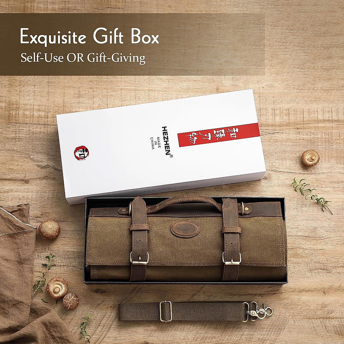 HEZHEN Chef Knife Roll Bag 16oz Oil Waxed Canvas, Heavy Duty Portable Backpack Knife Case Storage, 12 Slots & 2 Zipper Pockets, Detachable Adjustable Leather Shoulder Strap Belt（Not Included Knives）