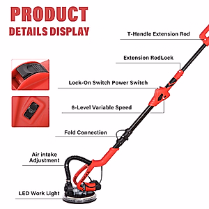 Vistreck Drywall Sander, 750W Electric Drywall Sander With Vacuum & 14Pcs Sanding Discs, 6 Variable Speeds 1000-1850RPM, Foldable has Dust Bag, LED Light, Power Disc Sanders With Carrying Bag