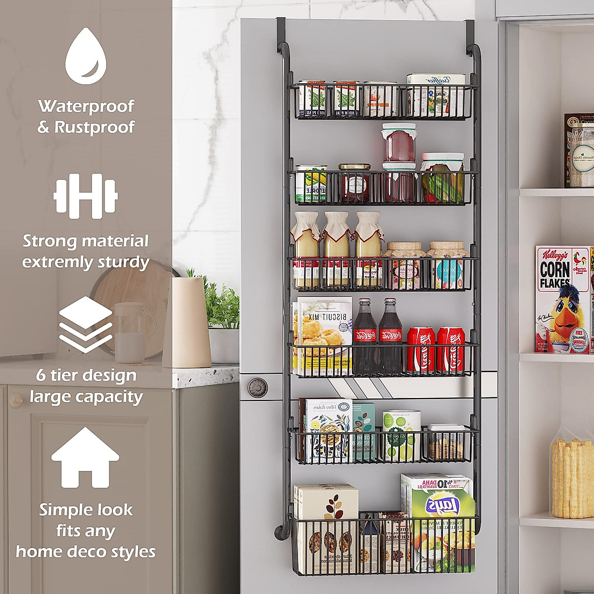 COVAODQ 6-Tier Pantry Door Organization and Storage Over the Door Pantry Organizer Metal Hanging Kitchen Spice Rack Can Organizer