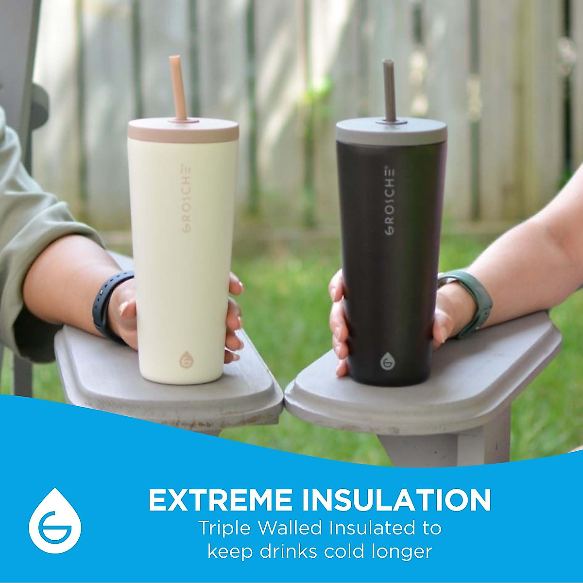 GROSCHE Jasper 23oz Tumbler with straw. Extreme Insulation, Classy Design, Built to Last, Insulated Stainless Steel Tumbler with Lid and Straw - White