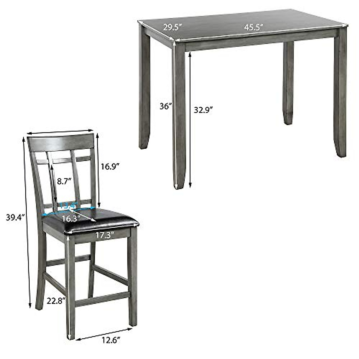 Woanke Set for 4, Vintage Rectangular Counter Height Bar Table with 4 Chairs for Dining Room, Pub and Bistro, Antique Graywash 5 Pcs