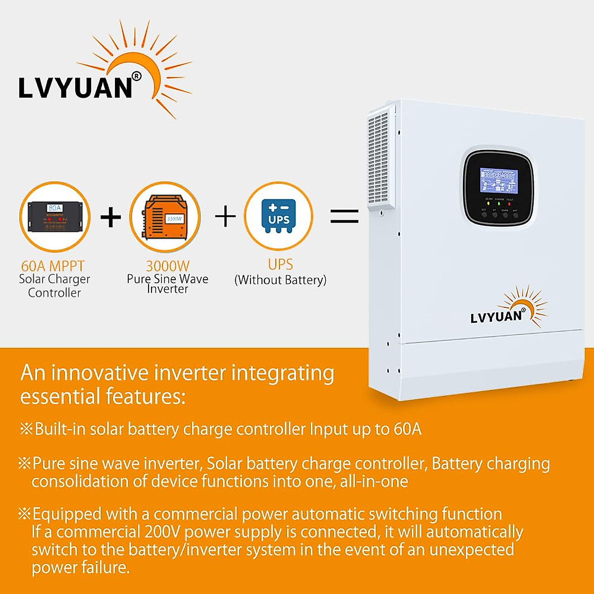 LVYUAN All-in-one Solar Hybrid Charger Inverter Built in 3000W 24V Pure Sine Wave Power Inverter and 60A MPPT Solar Controller for Off-Grid System