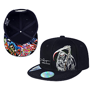 Love To Fashion Reaper Grim Religious Hats for Men Women Skull Black Flat Bill Snapback Baseball Caps,Medium-X-Large