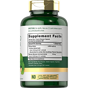 Carlyle Ginkgo Biloba Pills | 6000mg | 200 Capsules | Maximum Strength | Non-GMO, Gluten Free Supplement