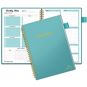 Weekly Planner Undated, Weekly Goals Schedule Planner Regolden-Book To Do List Notebook Calendars Organizers Habit Tracker Journal for Man & Women, Spiral Binding, Pocket, Pen Loop, 53 Weeks (7x10")