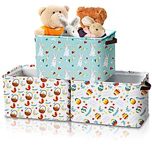Maxcheck 3 Pcs Easter Storage Basket with Handles Bunny Eggs Rabbit Rectangular Collapsible Bin Fabric Large Foldable Storage Box Organizer Bins for Toys Books Playroom Bedroom, 15 x 11 x 9.5 Inch