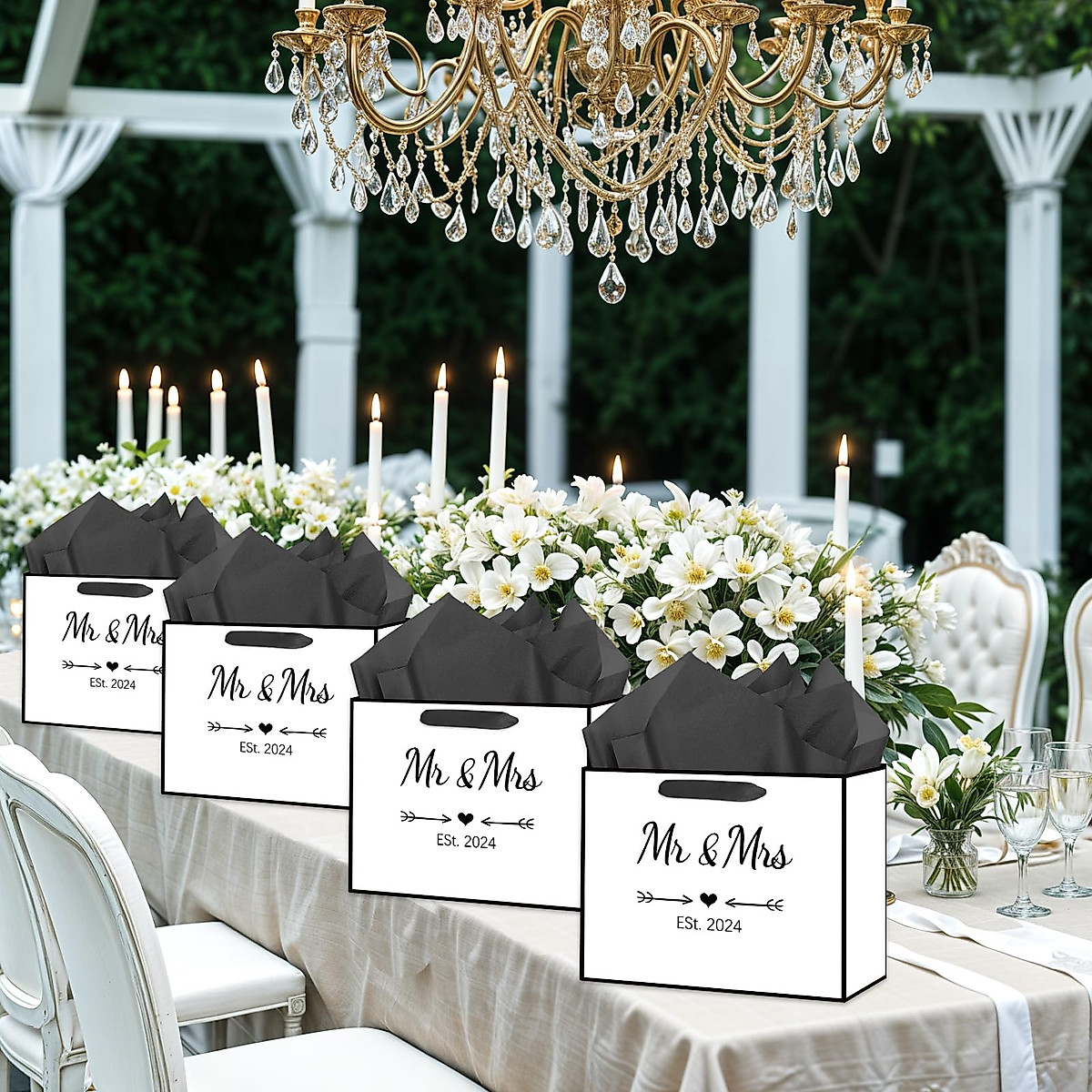 EST 2024 Wedding Gifts Bag Bridal Shower Gift Bags White Black Mr & Mrs Gifts Bag with Tissue Paper and Card Christmas Wedding Gift Wrapping Paper Bag Bridal Anniversary Wedding Shower Gift Bag