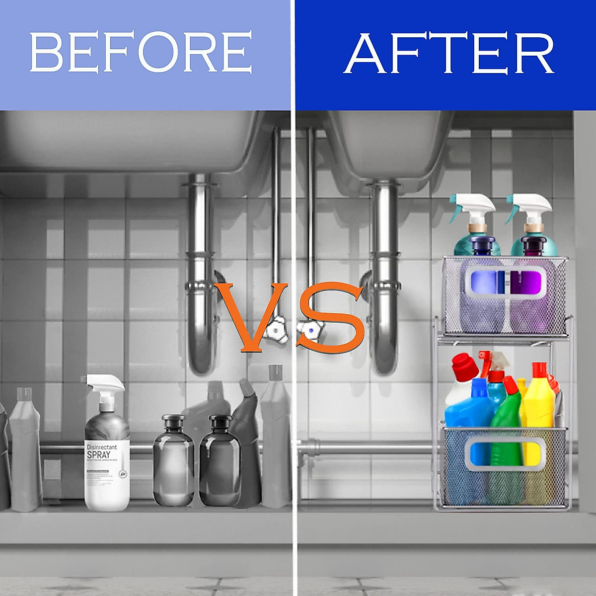 Artestia Under Sink Organizers and Storage Pull Out Drawers 2 Tiers Mesh Sliding Bathroom Cabinet Organizers Baskets Multipurpose Storage Shelf for Bathroom Kitchen, Silver