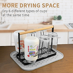 Mukkuri Cup Drying Rack Stand,Beer Glasses Rack 6 Cup Metal Drainer Holder Rack Non-Slip Mugs Cups Organizer with Wood Handle, Black