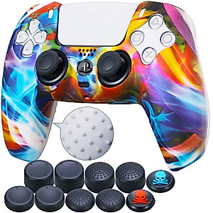 9CDeer 1 Piece of Silicone Transfer Print Protective Cover Skin + 10 Thumb Grips for PlayStation 5 / PS5 Controller Rainbow