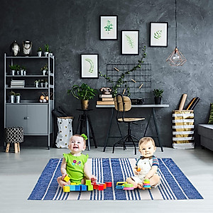 Asraie Eco Friendly Hand Woven & Reversible Cotton Stripe Rag Rug 100% Recycled Cotton Area Rug for Living Room Kitchen Entryway 2x3' (Steel Blue & White)