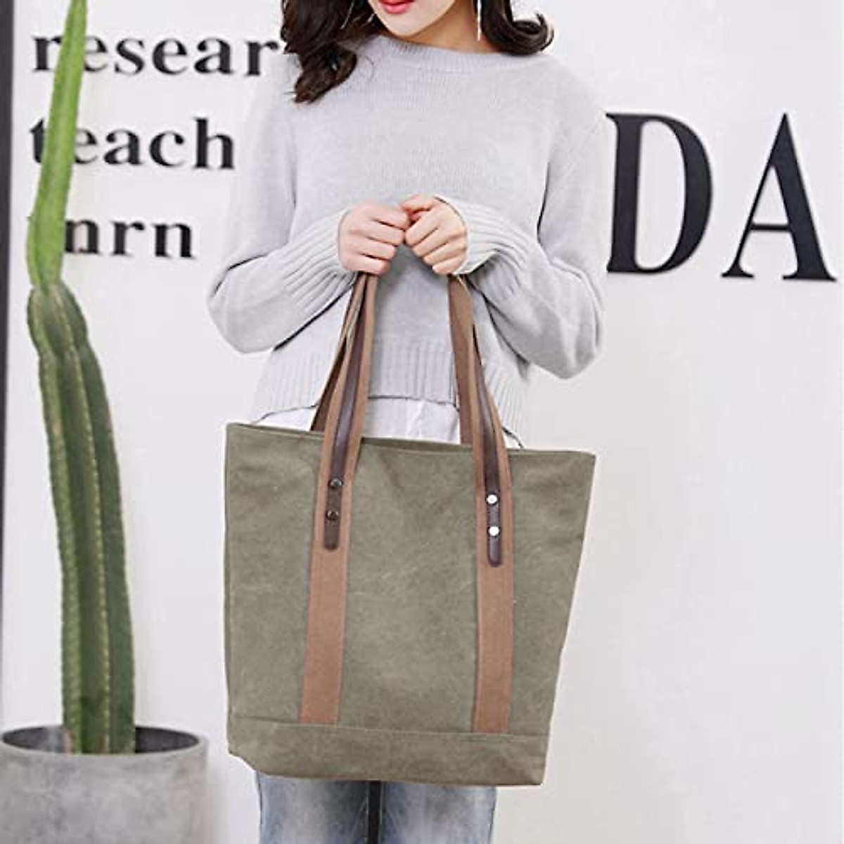 Women's Canvas Handbags Shoulder Bags Men Retro Casual Tote Work Purses (Army Green)