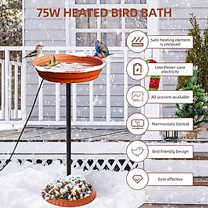 Heated Bird Bath for Outdoors for Winter, 75W Bird Bath Water Heater Bird Bath Deicer,Deep Bowl Thermostatic Control Weather Resistance Stylish Design with Planter Pedestal for All Seasons(Brown)