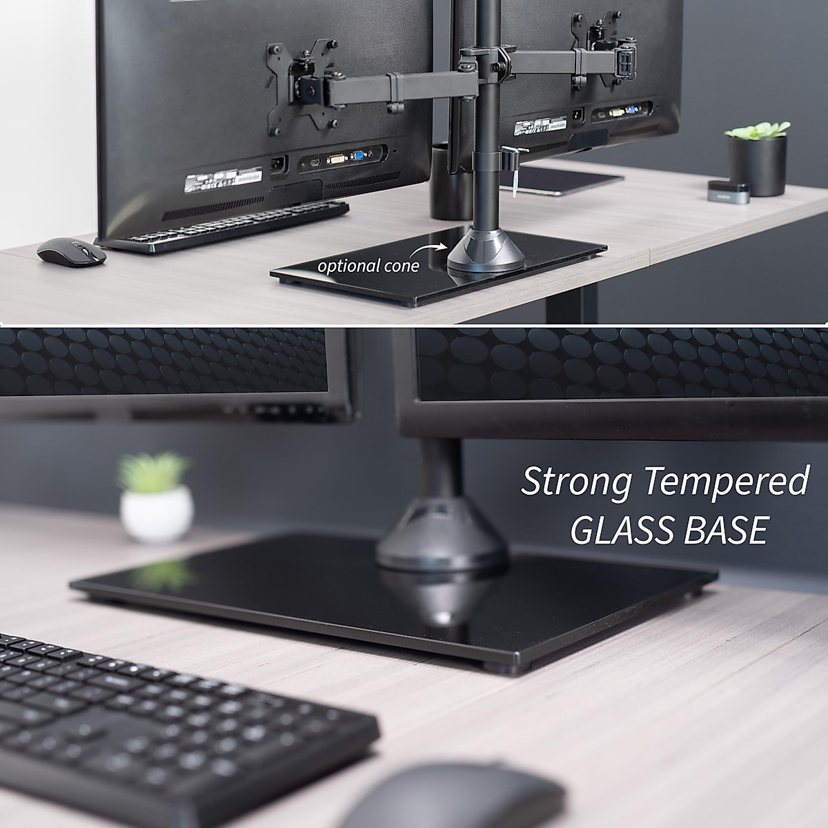 VIVO Freestanding Dual Monitor Stand with Sleek Glass Base and Adjustable Arms, Mounts 2 Screens up to 32 inch and 22 lbs Each, Black, STAND-V002FG
