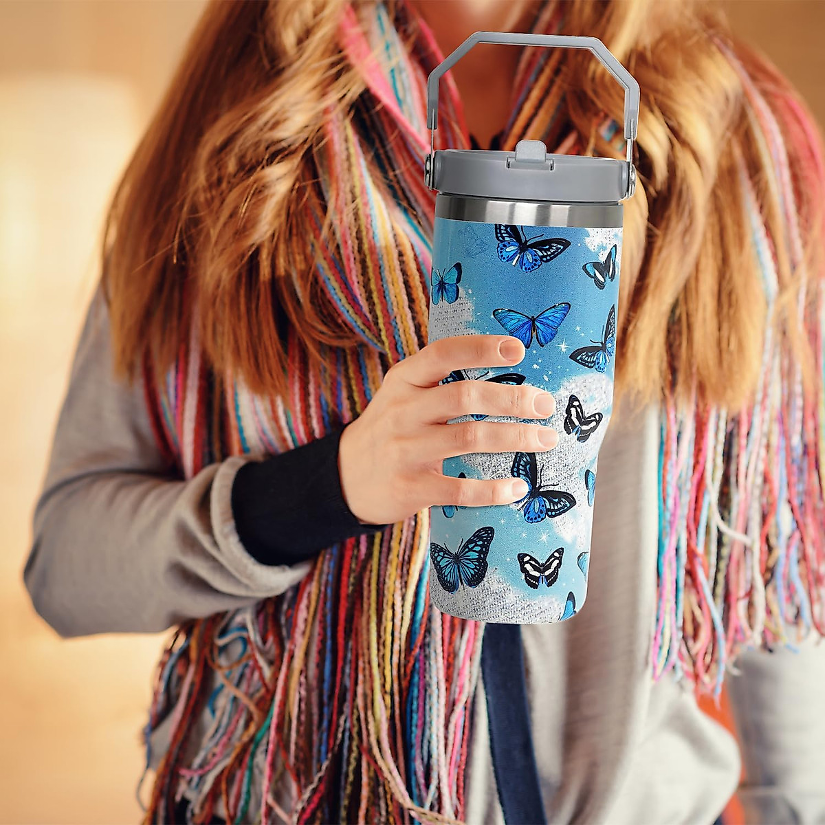 Butterfly Tumbler with Handle and Straw, Stainless Steel Vacuum Insulated Flip Straw 30 oz Blue Butterfly Tumbler Spill Proof Coffee Travel Mug Butterfly Gifts