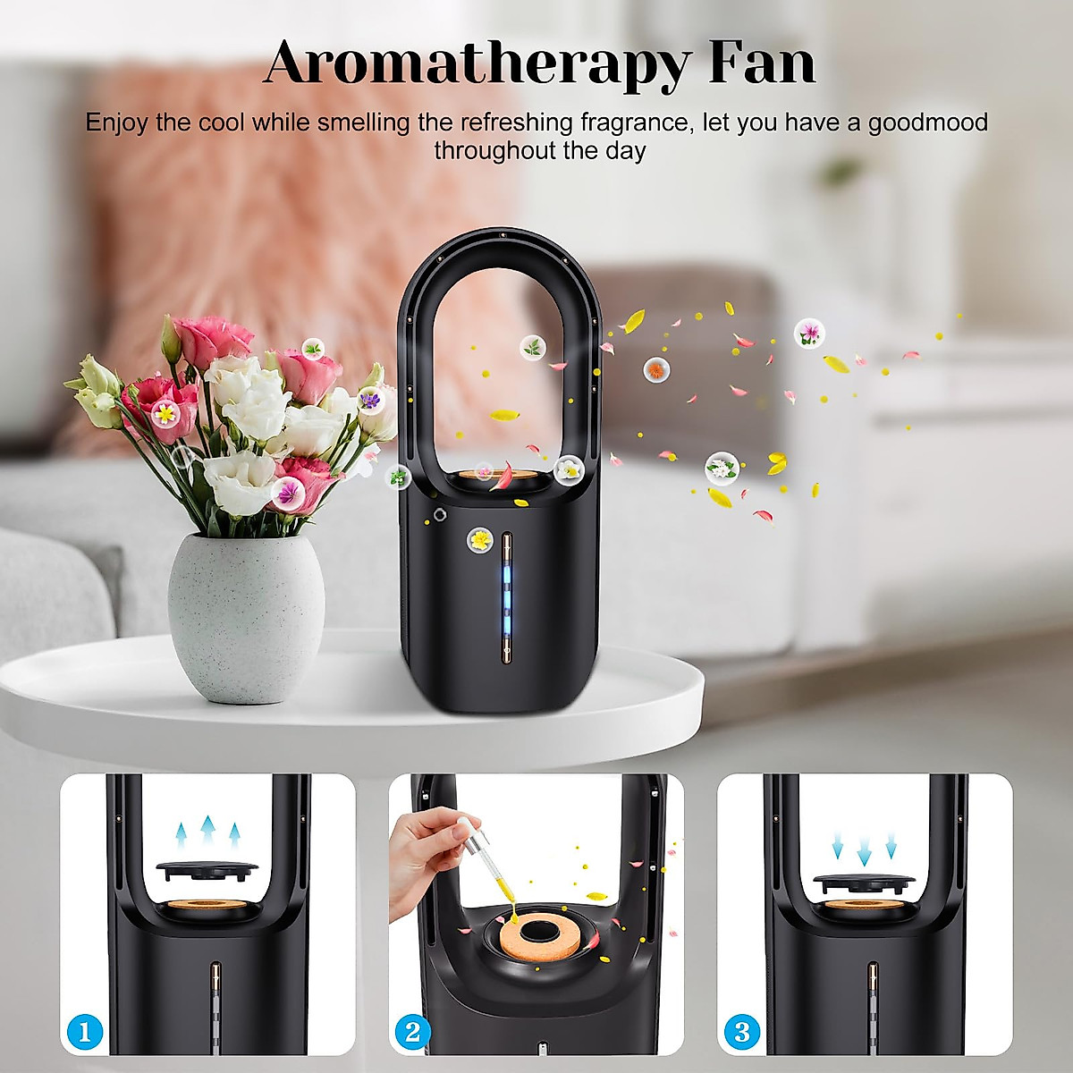 Desk Fan Bladeless,Desk Fans Small Quiet 11.8 Inch Small Fan,Personal Fan,Cooling Fan with 3 Wind Speed, LED Light,Desk Fan Small Quiet,Aromatherapy Fan,Table Fan for Home, Office, Bedroom