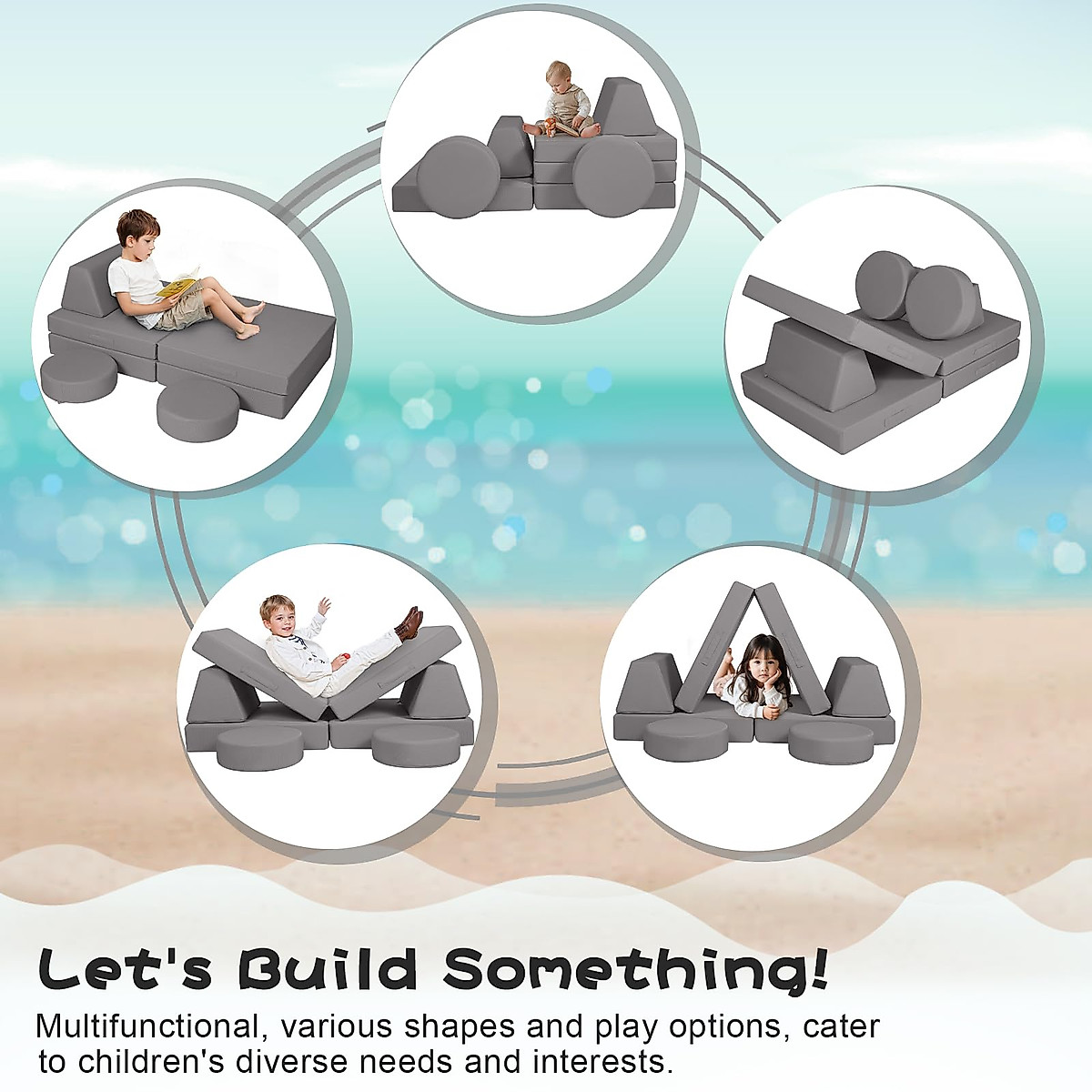 MeMoreCool Modular Toddler Couch Building Fort for Playroom, 8pcs Fold Out Baby Couch Play Set, Convertible Children Foam Couch, Grey