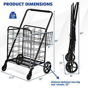 COSTWAY Folding Shopping Cart, Extra Jumbo Double Basket Grocery Cart with 360° Swivel Rolling Bearing Wheels, Dense Metal Mesh Base, Large Capacity Utility Cart for Market, Grocery, Laundry (Black)