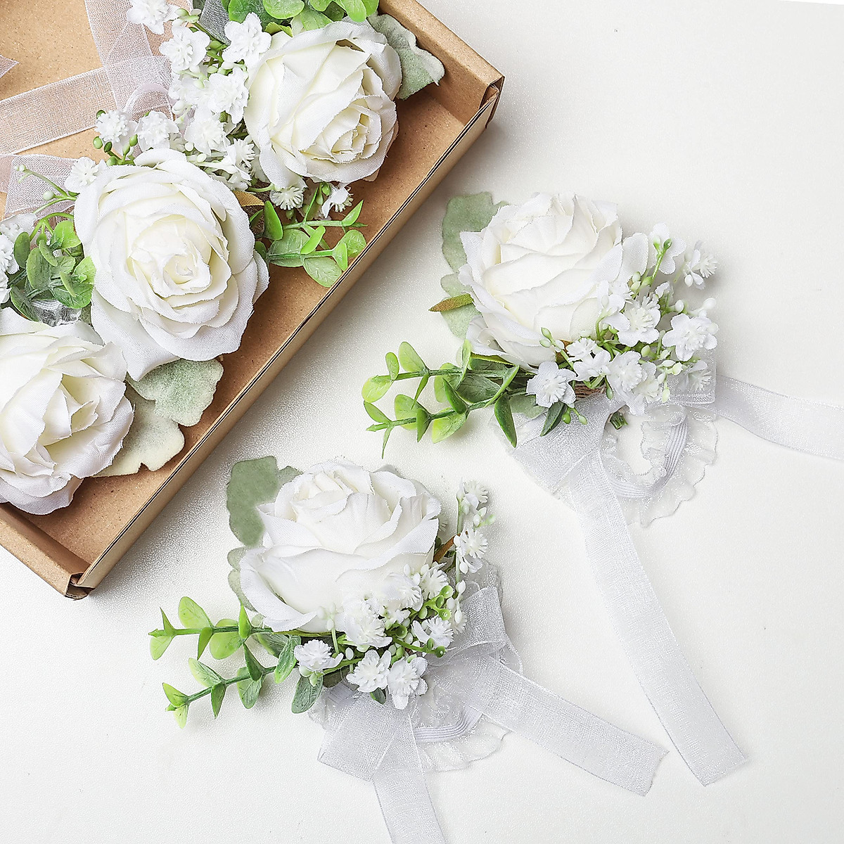 YSUCAU White Rose Wrist Corsages Wristlet Band Bracelet for Wedding,Set of 6, Ivory Eucalyptus Wrist Flower Wristband Hand Flower for Bride, Bridesmaid, Mother of Bride, Prom Party Decor