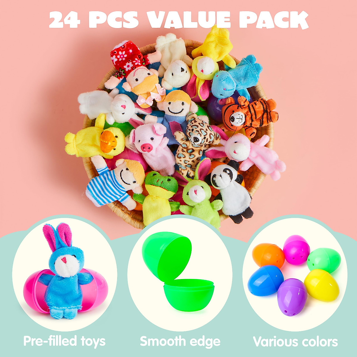 JOYIN 24 Pcs Easter Eggs Filled with Finger Puppets, Prefilled Egg with Cartoon Animal Puppets for Kids Eggs Hunt, Basket Stuffers Fillers, Party Favors and Classroom Prize Supplies