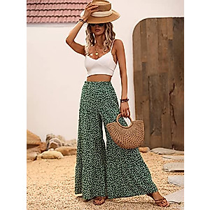 MakeMeChic Women's Floral High Waisted Ruffle Wide Leg Pants Boho Summer Beach Palazzo Pants Green L