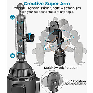APPS2Car Phone Mount for Car Cup [Upgraded Version], Multi-Pivots Transmission Shaft Long Arm Cup Holder Phone Mount Solid Phone Holder Car Truck Compatible with All Phones iPhone Thick Case Friendly