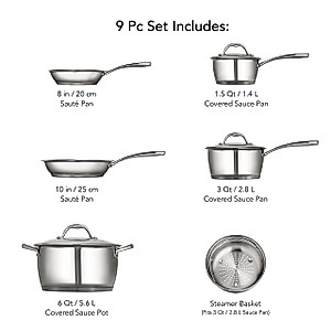 Tramontina 80154/567DS Tri-Ply Base Stainless-Steel Cookware Set, Induction-Ready, 9-Piece