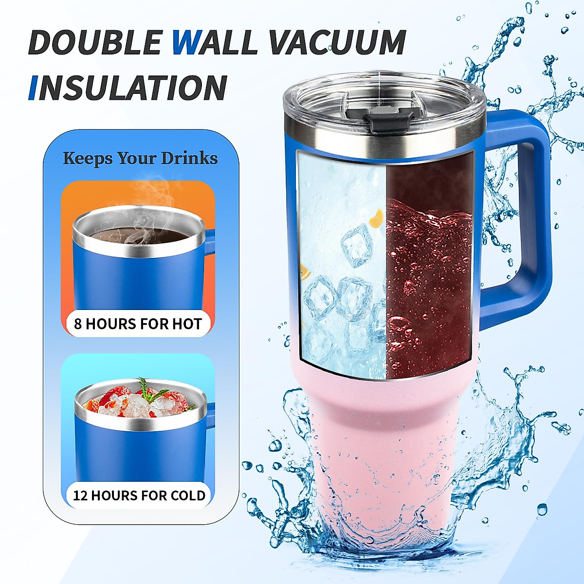 GUDEMAO 40 oz Tumbler with Handle, Insulated Tumbler with Lid and Straw, Reusable Stainless Steel Vacuum Insulated Cup, 100% Leak Proof Thermal Travel Coffee Mug Cup for Cold and Hot (Blue Pink)