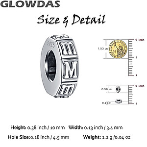 Letter M Spacer Charms, Initial M Alphabet Rubber Stopper Beads in Antique 925 Sterling Silver, fits Pandora Mothers Day Bracelet, Personalized Gift for Mama/Mom in Law/Mother