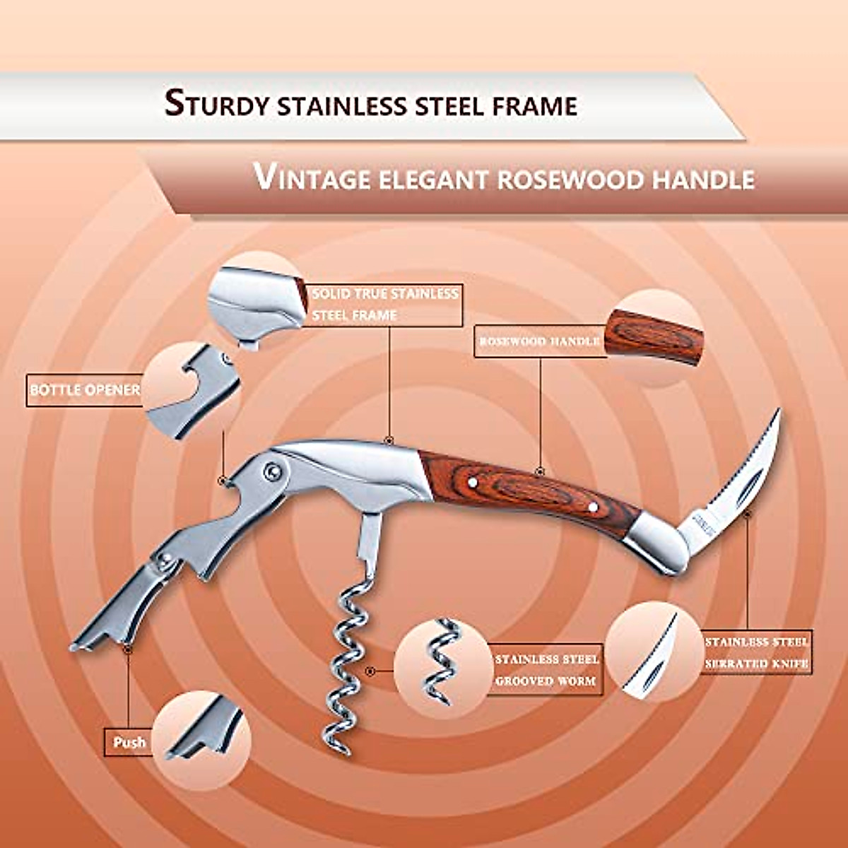 AIZOEVCN Professional Waiters Corkscrew Wine Key Rosewood Handle 3 in 1 Bottle Opener with Foil Cutter, Heavy Duty Stainless Steel Wine Opener for Servers, Bartenders, Sommelier, Bar, Restaurant, Home