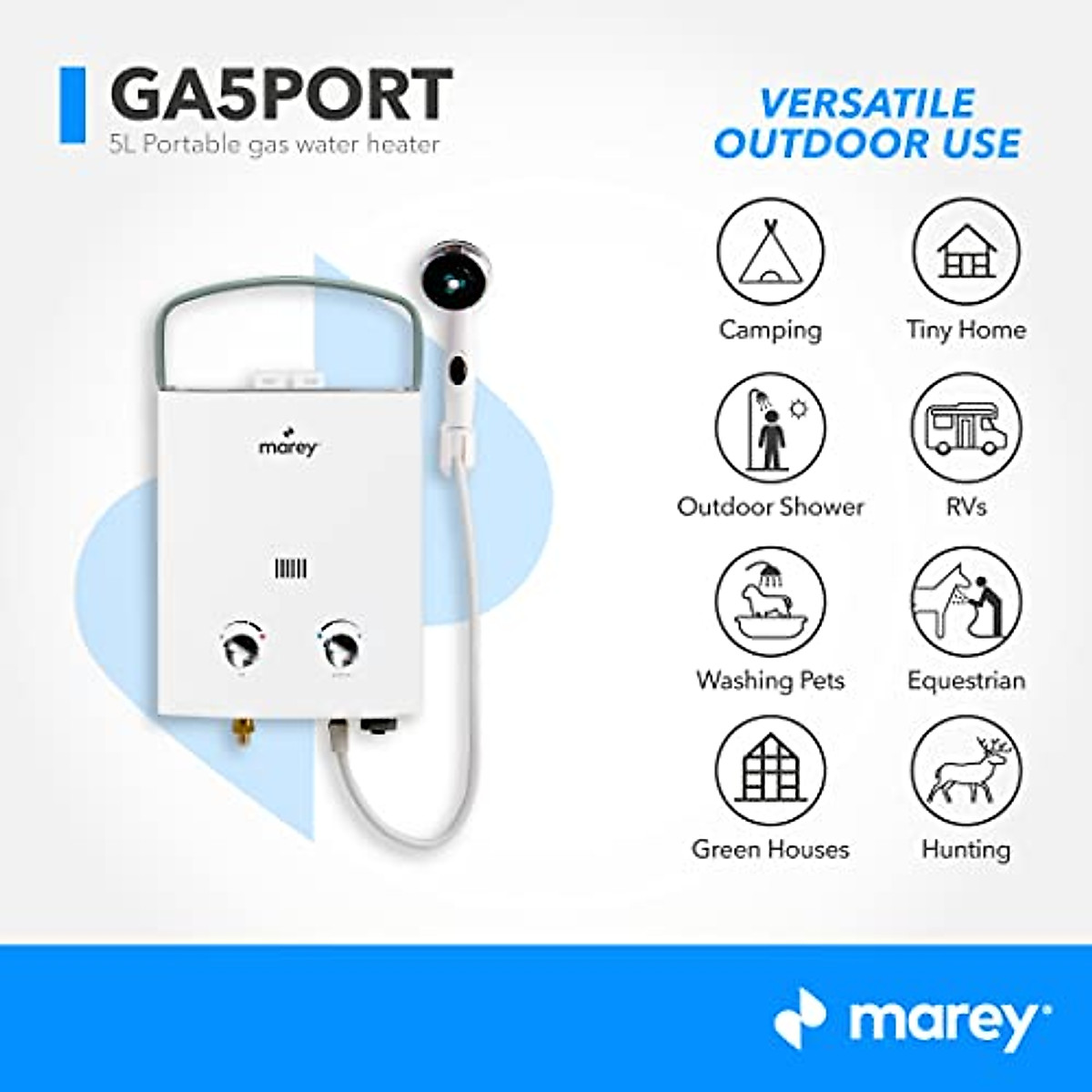 Marey GA5PORT Portable Propane Gas Tankless Water Heater, Small, White