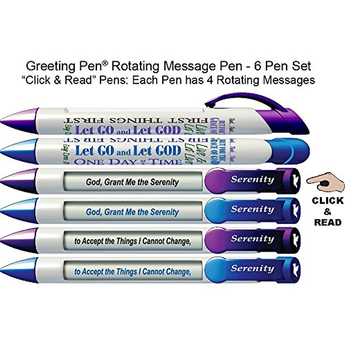 Greeting Pen Serenity Prayer Inspirational Purple and Blue Pens with Rotating Messages 6 Pack (36025)