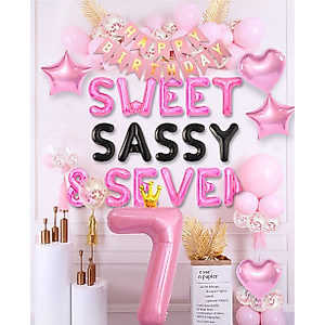 42 PCS Sweet Sassy & Seven Birthday Decoration Sweet Seven Birthday Balloons 7 Years Old Birthday Decoration Girls 7th Birthday Decoration