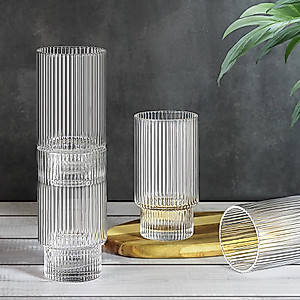 Greefun Ribbed Glassware Set of 4, 20oz Origami Style Drinking Glass Cup with Lid and Straw, Iced Coffee, Cocktail, Beer, Juice Stackable Drinking Glasses, Perfect for indoor and outdoor use